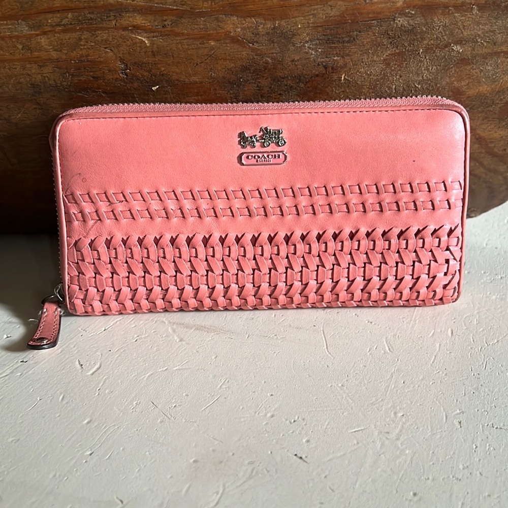 Coach Pink Braided Leather Accordion Zip Wallet - Gem